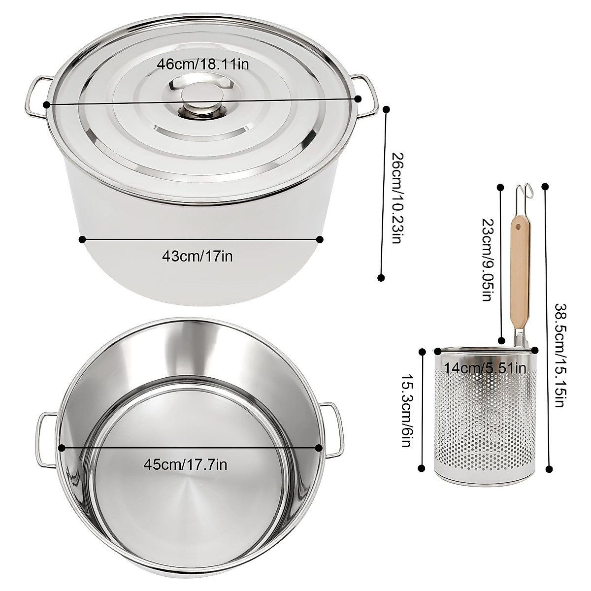 BANEBONE 37L/39qt 5 Holes Pasta Cooker Insert Set Stainless Steel Pasta Pot Insert Strainer Basket Cookware W/5* Insert Strainer Baskets for Home Kitchen Restaurant Commercial Cooking Tool