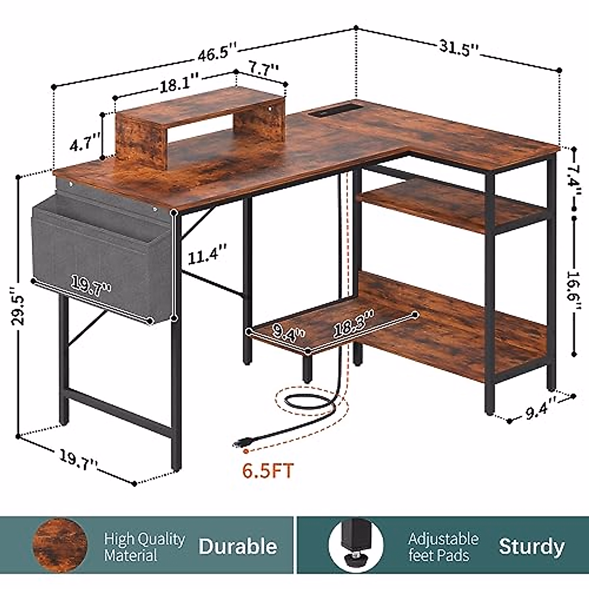 Yoobure L Shaped Desk with Storage Shelves 47 Inch Computer Desk with Outlets & USB Ports Home Office Desk with Monitor Stand Corner Desk for Small Space Study Table Small Desk L Desk with Storage Bag