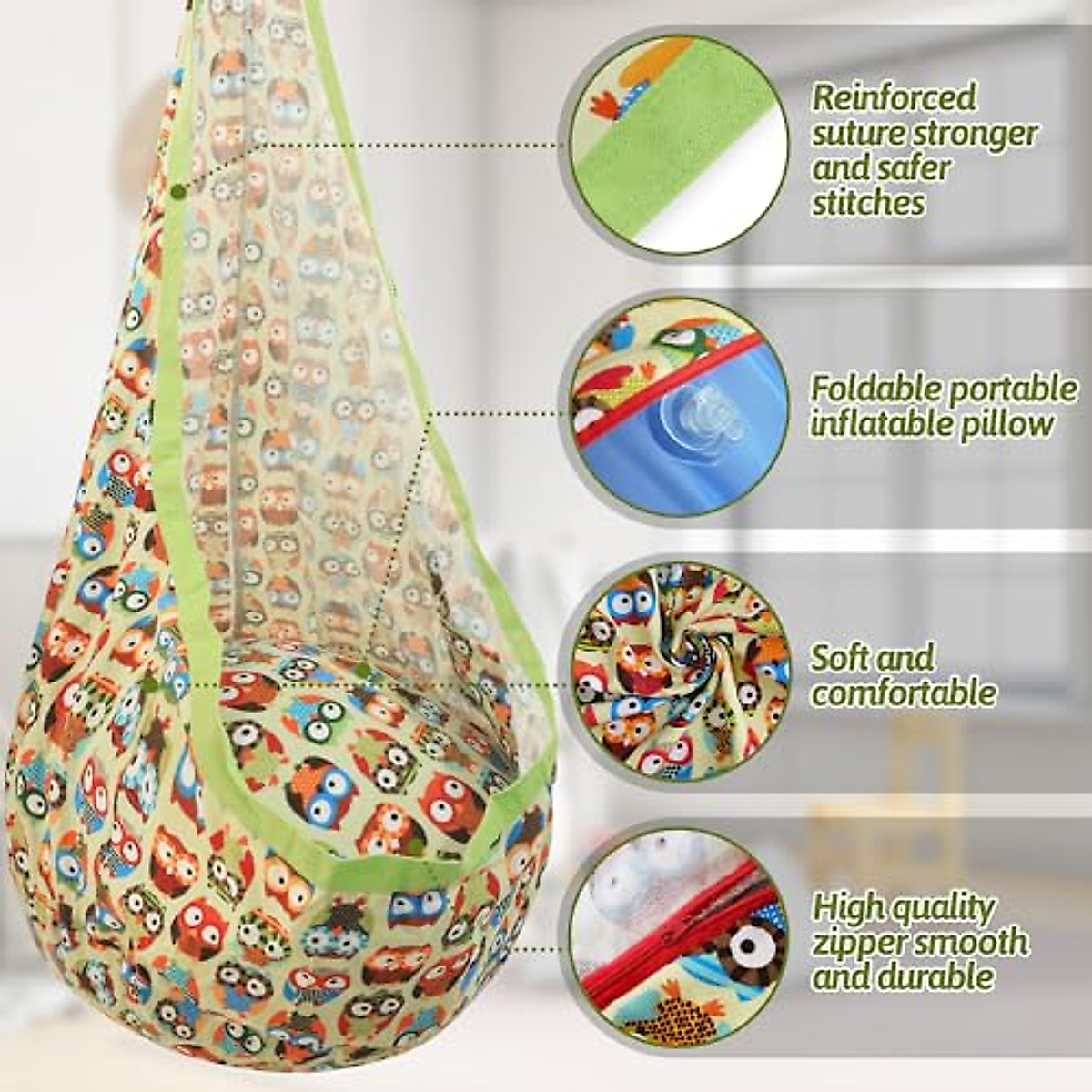 GARIG Pod Swing for Kids, Hanging Pod Swing Seat with Inflatable Pillow, Cartoon Pattern Kids Hammock Swing Chair for Indoor and Outdoor, Max Weight 180lbs (Kit, Owl)