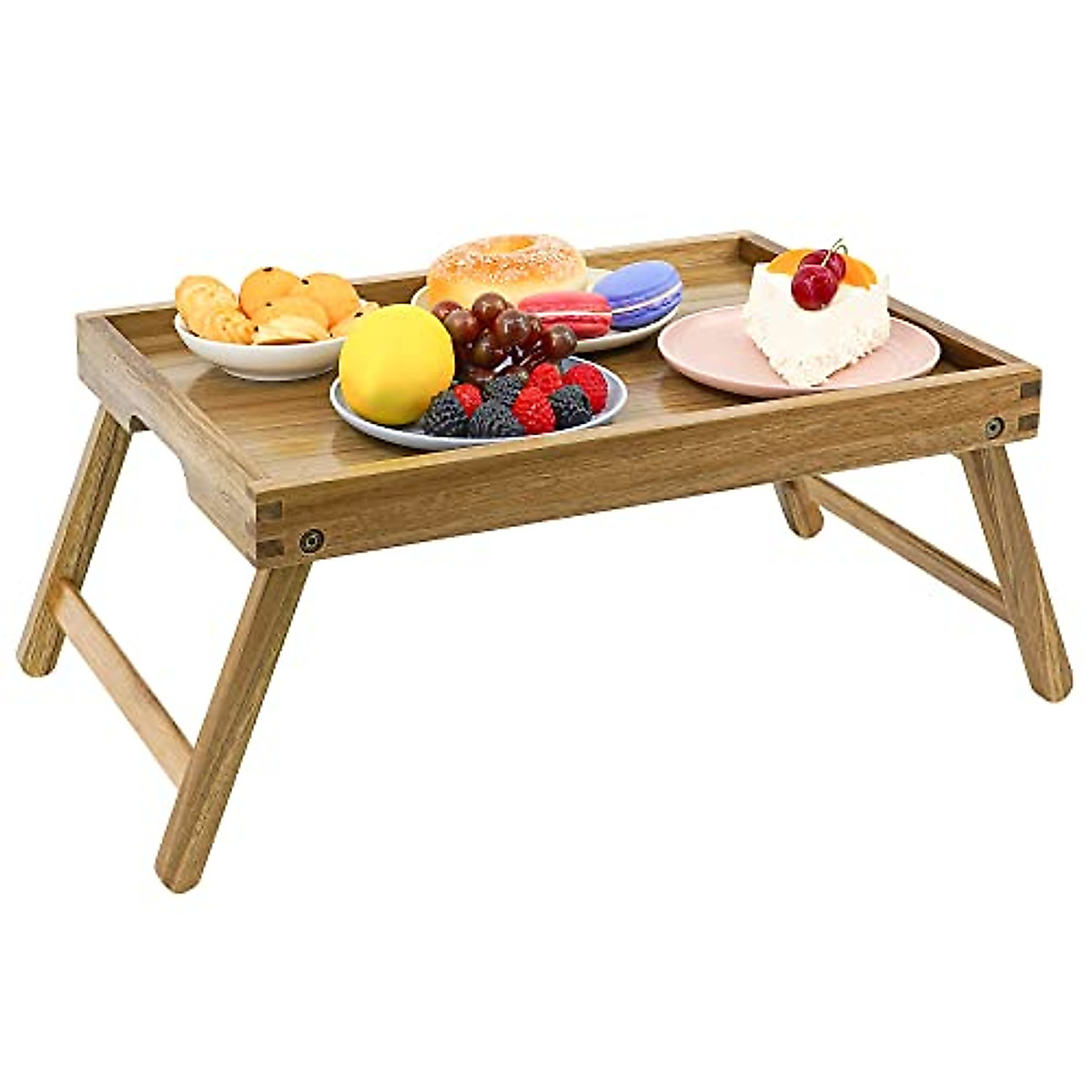 VaeFae Acacia Bed Table Tray, Wooden Breakfast Tray with Folding Legs, Bed Tray for Eating and Laptop, Eating Trays for Bedroom