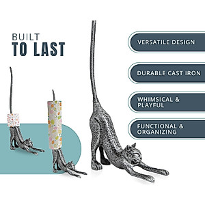 Yoga Cat Decorative Paper Towel Holder or Toilet Paper Holder by Comfify - Adorable Downward Dog Pose Kitty- Cast Iron Paper Towel Stand - Antiqued Cast Iron White Color - 19" - Silver with Black