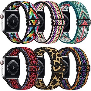 6 Packs Nylon Stretchy Bands Compatible with Apple Watch Bands 42mm 44mm 45mm for Women Girls, Adjustable Braided Solo Loop Sport Bands for iWatch Series 7 6 SE 5 4 3 2 1 Leopard Aztec Boho RedPink