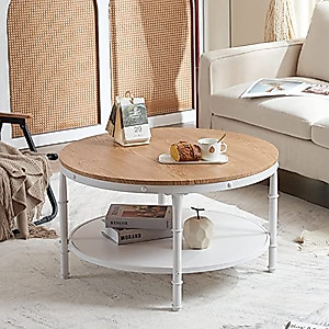 VINGLI 31.5" Natural White Round Farmhouse Coffee Table, 2-Tier Storage Wood Center Circle Accent Table for Living Room, Bedroom, Apartment, Studio and Small Spaces, Sturdy Metal Frame, Natural Color