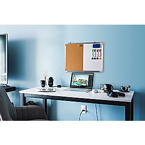 Combination Whiteboard Bulletin Board Set - 24 x 18" Dry Erase/Cork Board with 1 Magnetic Dry Eraser, 4 Markers, 4 Magnets and 10 Thumb Tacks - Small Combo Tack White Board for Home Office Desk