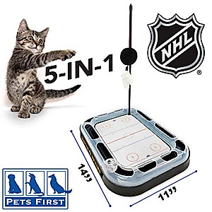 Pets First Cat Scratching Toy NHL Boston Bruins Hockey Field Cat Scratcher Toy with Interactive Cat Ball Bell in Tracks. 5-in-1 CAT Toy: Cat Wand Poll with Catnip Filled Plush Hockey Puck & Feathers.