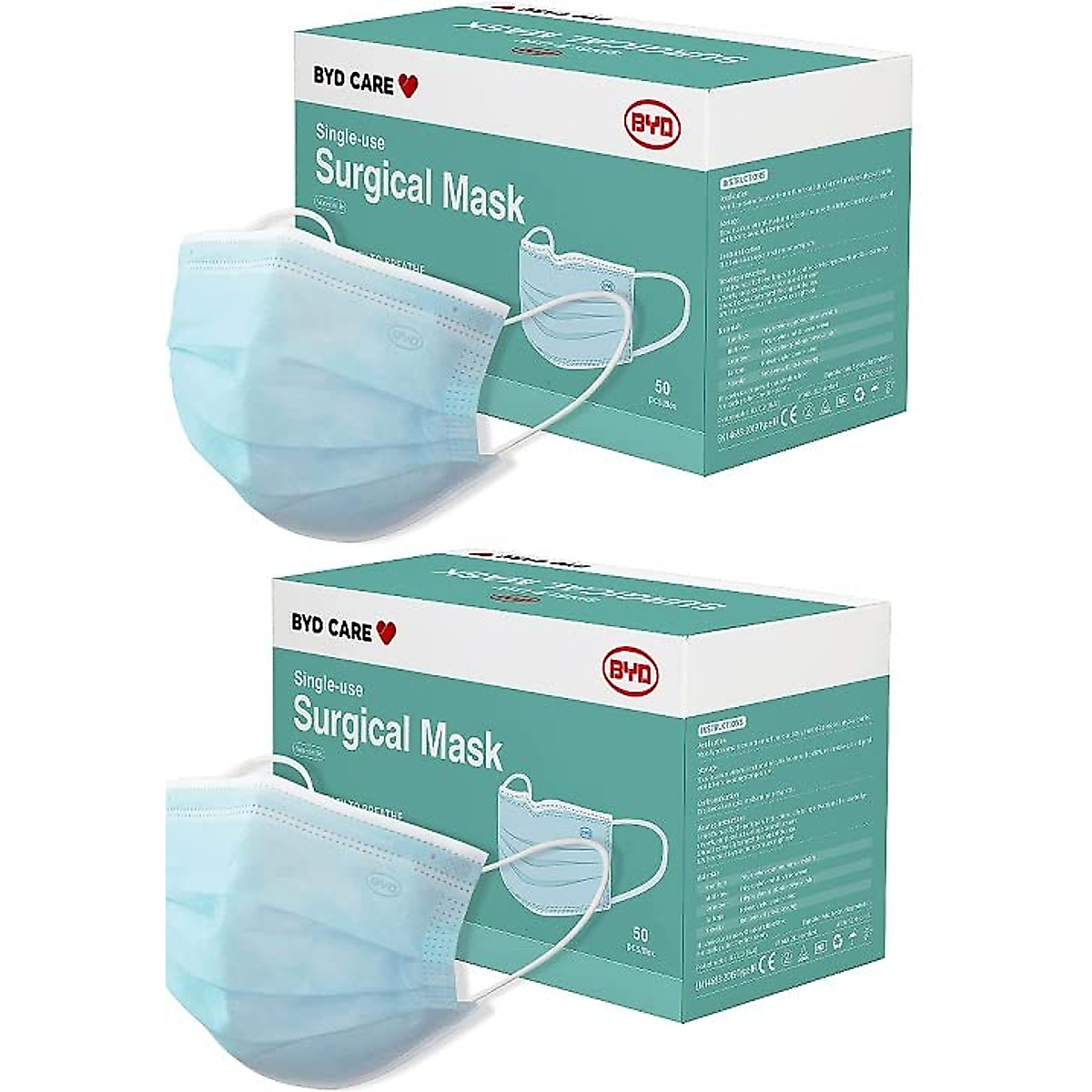 BYD CARE Single Use Disposable 3-Ply Mask, ASTM Level 3, Daily protection for Home, Office, School, Restaurants, Gyms, Outdoor and Indoor, 2 Boxes of 50 PCs each (100 masks total)