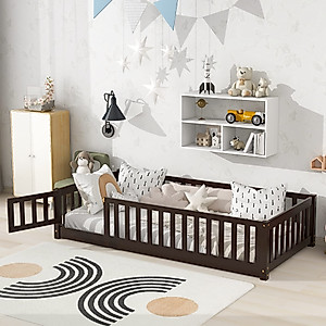 Bellemave Twin Size Wooden Floor Bed Frame with Fence Railings and Support Slats for Kids, Espresso