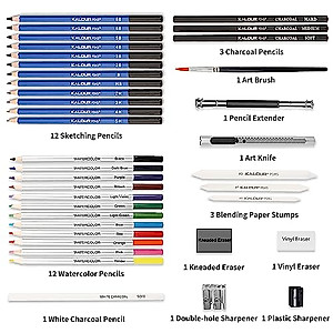 KALOUR Sketching Coloring Art Set - 38 Pieces Drawing Kit with Sketch Pencils,Watercolor Pencils,Charcoal,Brush,Eraser -Portable Zippered Travel Case - Art Supplies for Artists Beginners Adults Kids