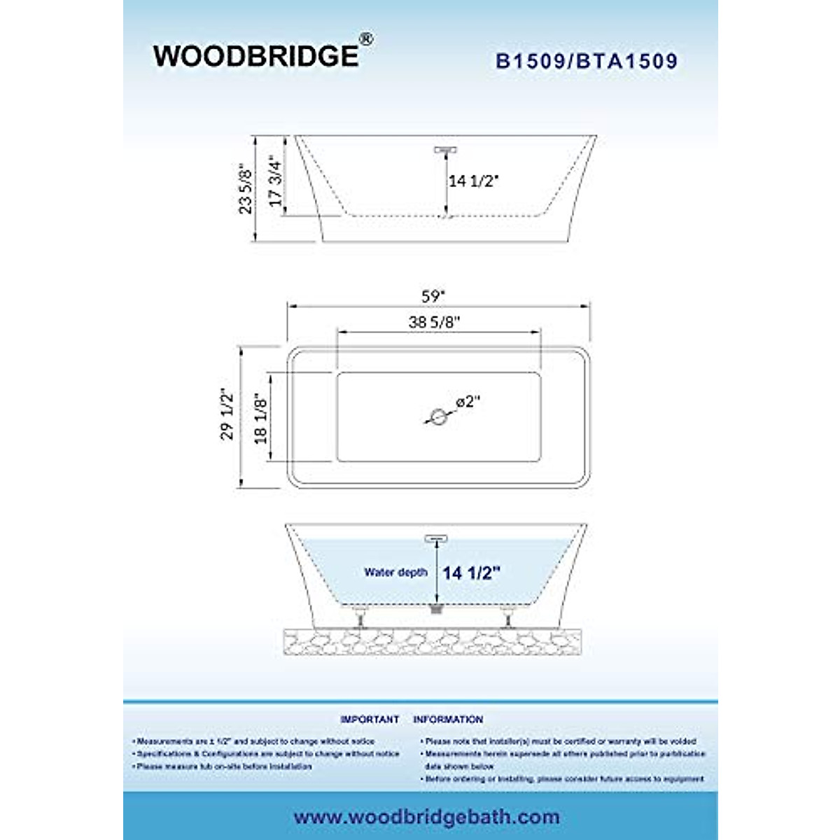 WOODBRIDGE 59" Freestanding White Acylic Soaking Bathtub with Matte Black Drain and Overflow,BTS1509-MB-Drain&O