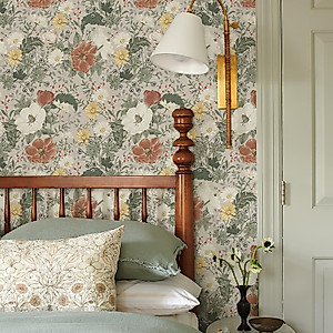 Simon&Siff Vintage Peel and Stick Wallpaper Grey Floral Wallpaper Farmhouse Botanical Contact Paper Self Adhesive Removable Wall Paper for Renter Friendly 118" x 17.3"