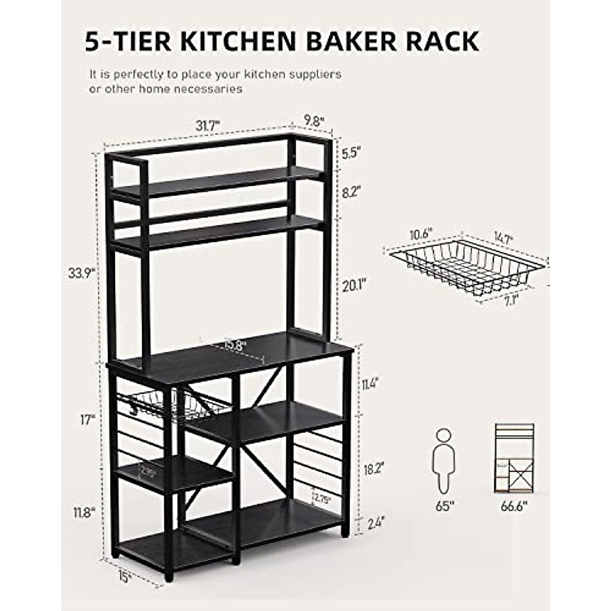 Gizoon Home Kitchen Baker's Rack with Spacious Storage, 5 Tier Versatile Microwave Stand Shelf with Basket & Side Hooks,Free Standing, Sturdy, Durable-Black