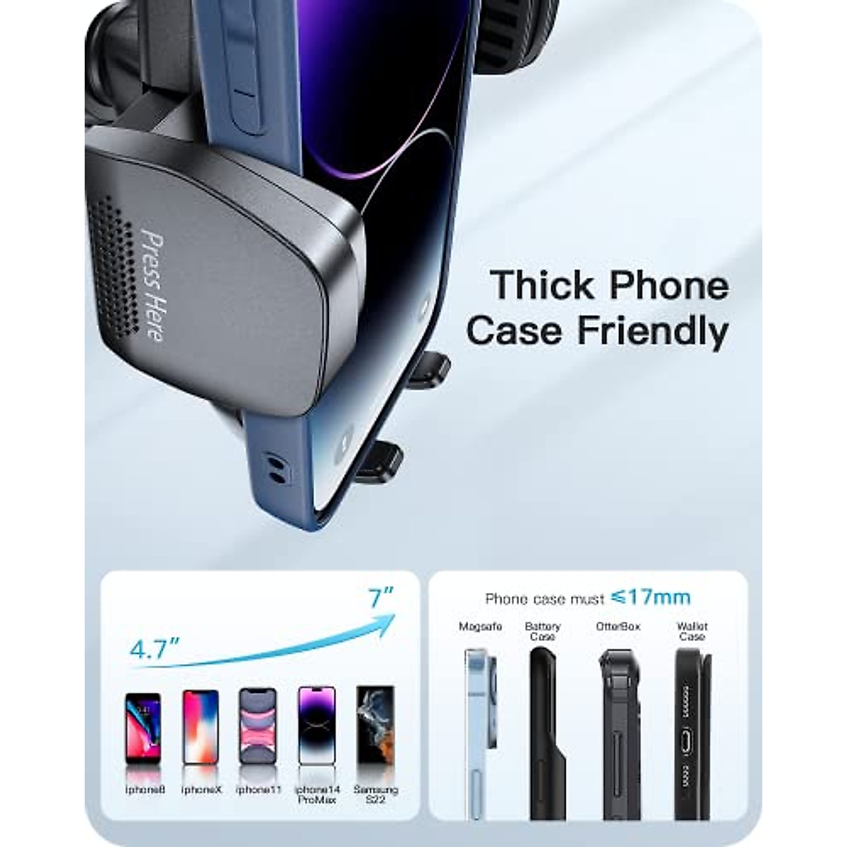 Windshield Car Phone Holder Mount Dashboard/Suction Cup/Window, 13" Phone Holder for Car Dashboard with Super Sticky Gel Pad, Truck Cell Phone Holder for Car, Compatible with Thick Case & Large Phone