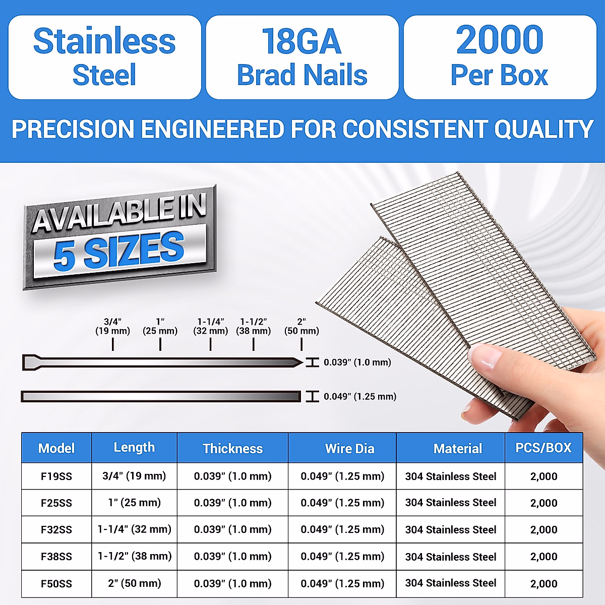 meite 18 Gauge Stainless Steel Brad Nails, 1 Inch 18GA Brad Nails, 304 Stainless Steel Small Finishing Nail Gun Nails for Pneumatic, Electric Brad Nailer Gun (2,000 Counts)