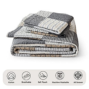 Finlonte Quilts Queen Size, 100% Cotton Lightweight Bedspread, Grey Brown White Plaid Patchwork Soft Reversible Queen Quilt Set for Bed All Season, 3-Pieces