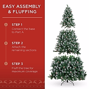 Best Choice Products 6ft Pre-Decorated Holiday Christmas Tree for Home, Office, Party Decoration w/ 1,000 PVC Branch Tips, Partially Flocked Design, Pine Cones, Metal Hinges & Base