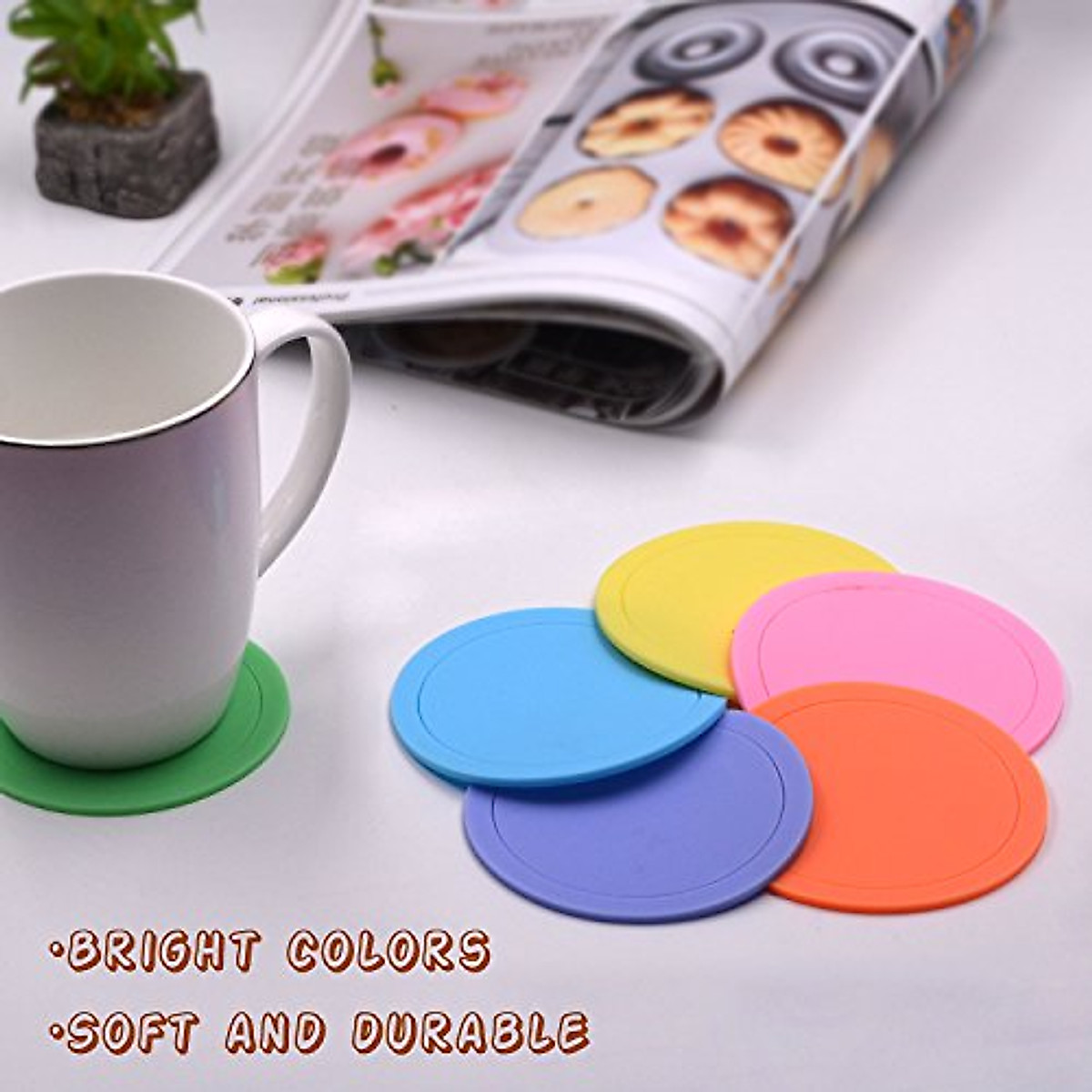 TOSSOW Silicone Drink Coasters with Holder Set 3.5 Inches Flexible Heat Resistant Coaster Colorful Insulation Durable Non-Slip Thick Coffee Drinks Wine Cup Mat (6 Colors, 6 pcs)