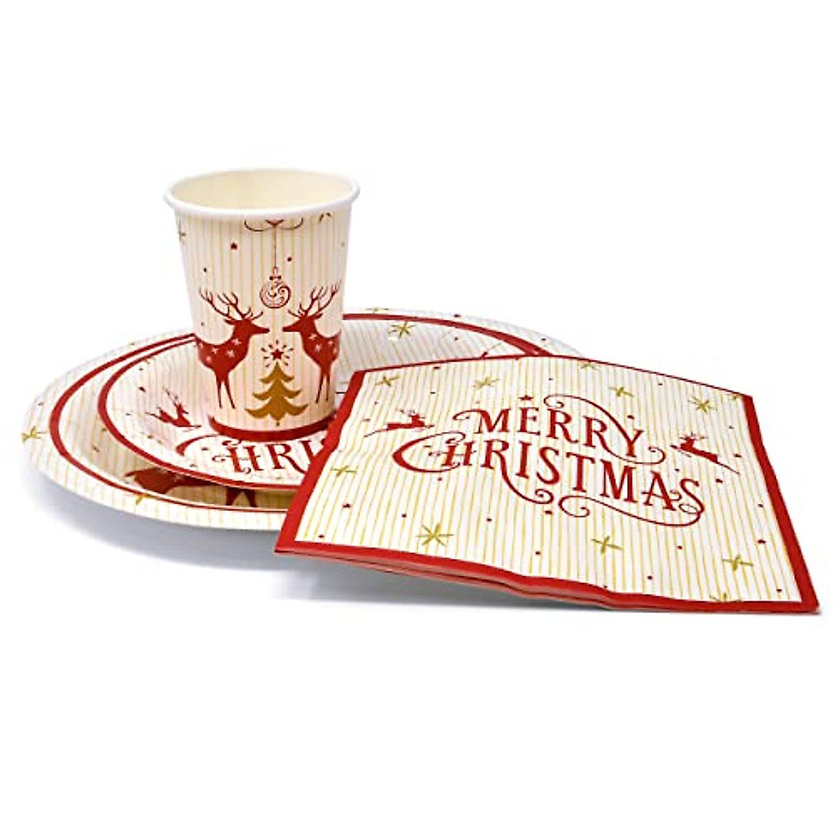 Merry Christmas Reindeer Party Supplies Tableware Set 24 9" Dinner Plates 24 7" Plate 24 9 Oz Cups 24 Lunch Napkin for Holiday Xmas Red & Gold Reindeers Tree Disposable Paper Dinnerware Decorations