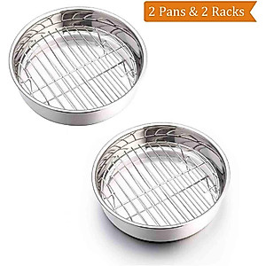 TeamFar 8 Inch Cake Pan and Rack Set of 4, Stainless Steel Round Tier Cake Pans, for Baking Cooling Steaming, Fit in Oven, Pot, Pressure Cooker, Healthy & Mirror Finish, Dishwasher Safe