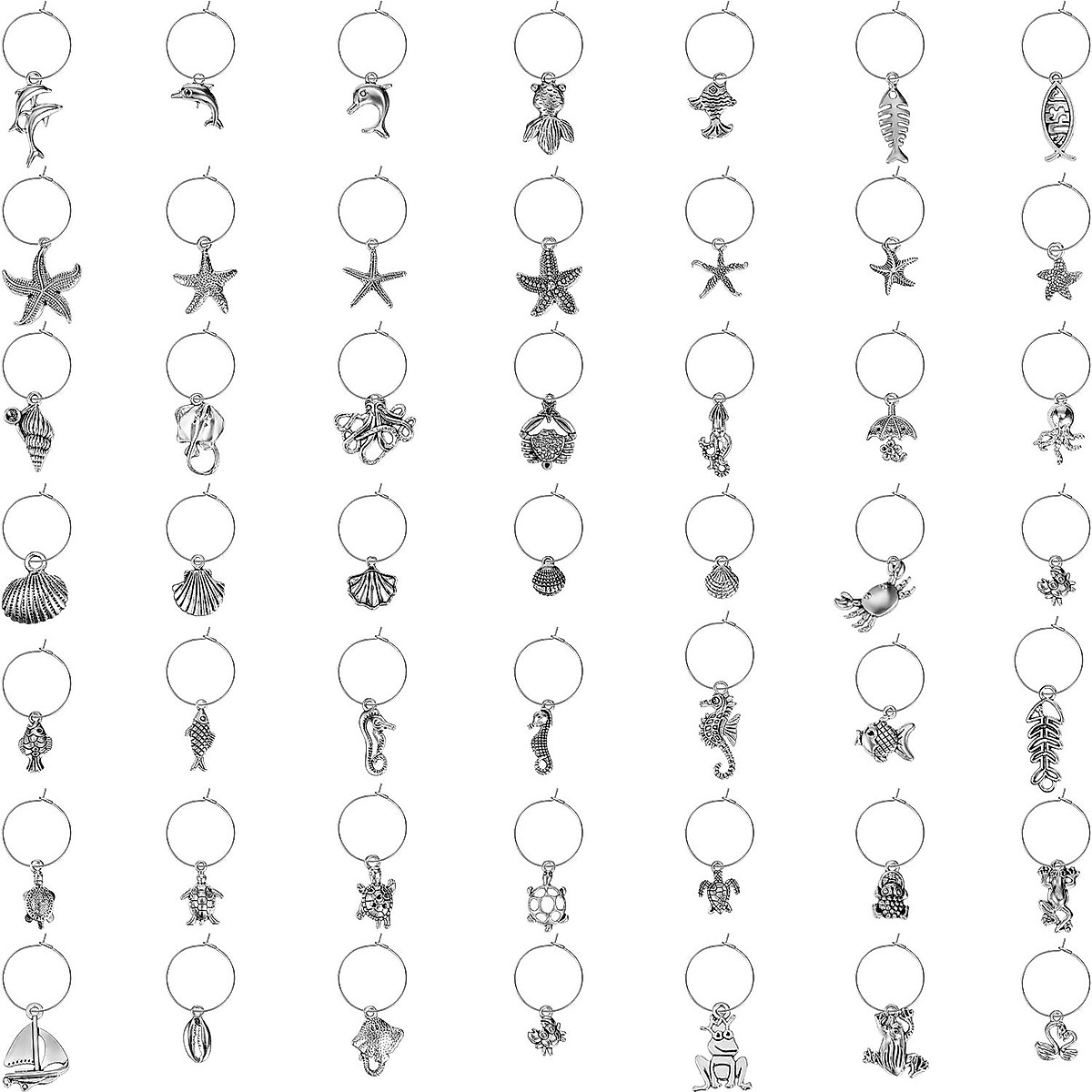50 Piece Beach Themed Wine Glass Charms with 50 Pieces Hanging Rings and 2 Pieces Buckles for Tasting Party Decoration Supplies, 102 Pieces Totally