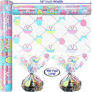 AnapoliZ Easter Cellophane Wrap Roll | 100’ Ft. Long X 16” In. Wide 2.3 Mil Thick , Crystal Clear , Design Cello Wrapping Paper for Treats , Baskets , Gifts Bunnies & Eggs