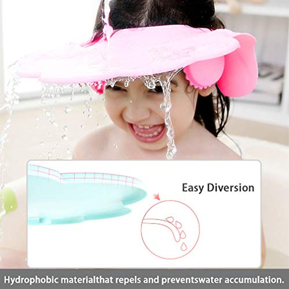 Maveek Baby Bathroom Safety Visor Caps Child Shower Cap，Adjustable Sticker, Comfortable, Soft, Safe, Waterproof & Elastic Ring Hat – for Showers, Bathing, Hair Cut, Pool, Beach, Toddlers (Pink)