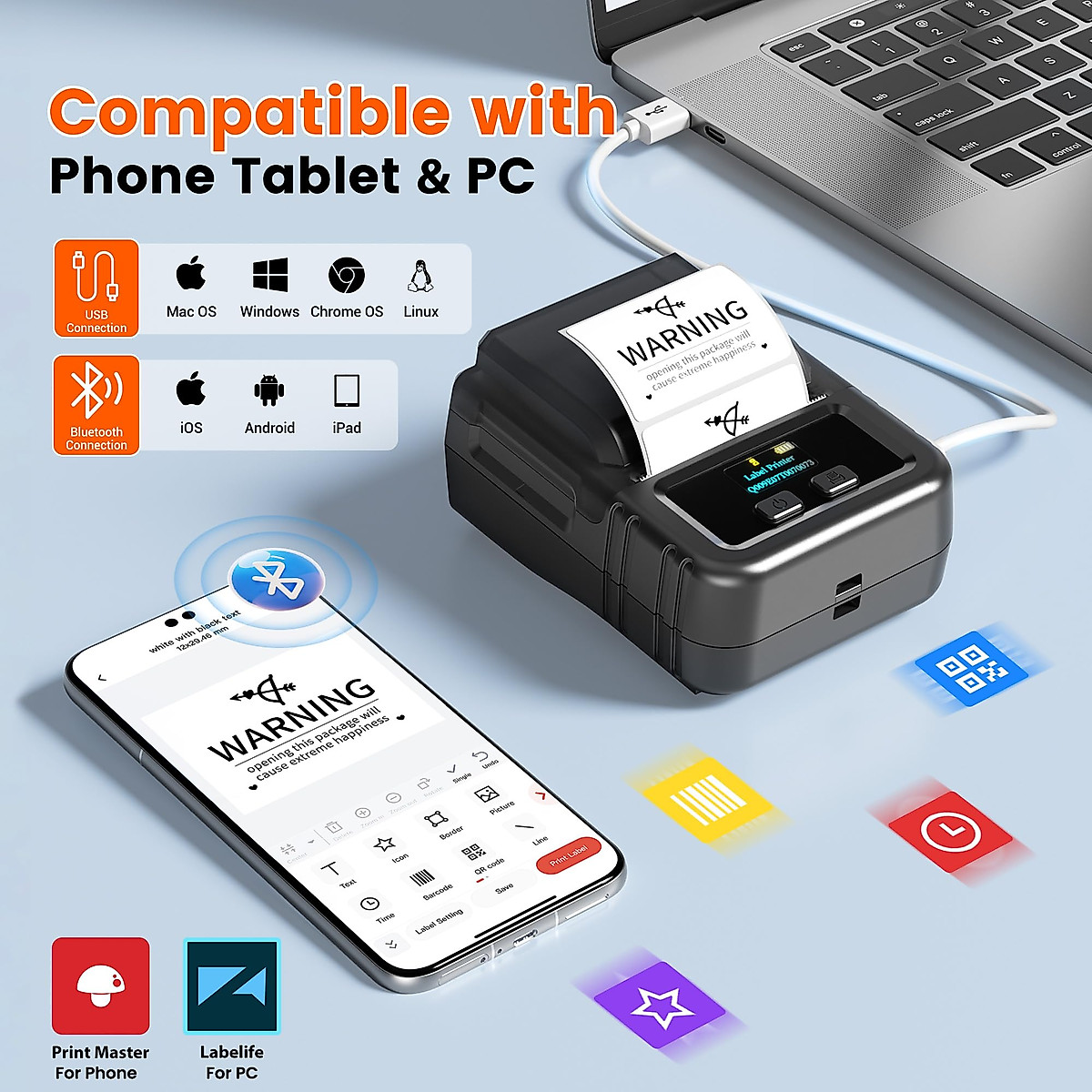 Phomemo M120 Label Maker- Barcode Printer Bluetooth Thermal Label Maker Machine 2 Inch 50mm Barcode Label Printer for Retail, QR Code, Small Business, Compatible with Android, iOS & PC, Black