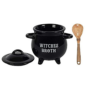 Pacific Giftware Witches Broth Cauldron Ceramic Bowl with Broom Spoon
