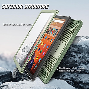 Fintie Shockproof Case for All-New Fire HD 10 Tablet (13th Generation 10.1", 2023 Release), [Tuatara] Rugged Unibody Hybrid Bumper Kickstand Cover with Built-in Screen Protector, Sage Green