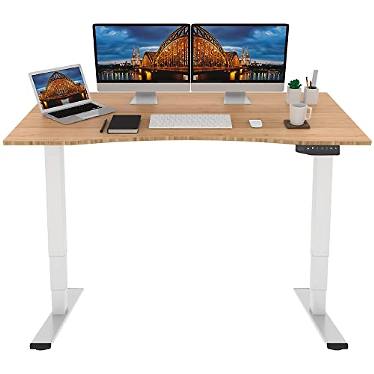 FLEXISPOT Pro Bamboo 3 Stages Dual Motor 60x30 Inch Electric Standing Desk Bamboo Contour Whole-Piece Board Height Adjustable Desk Electric Stand Up Desk (White Frame + Bamboo Curved Desktop)