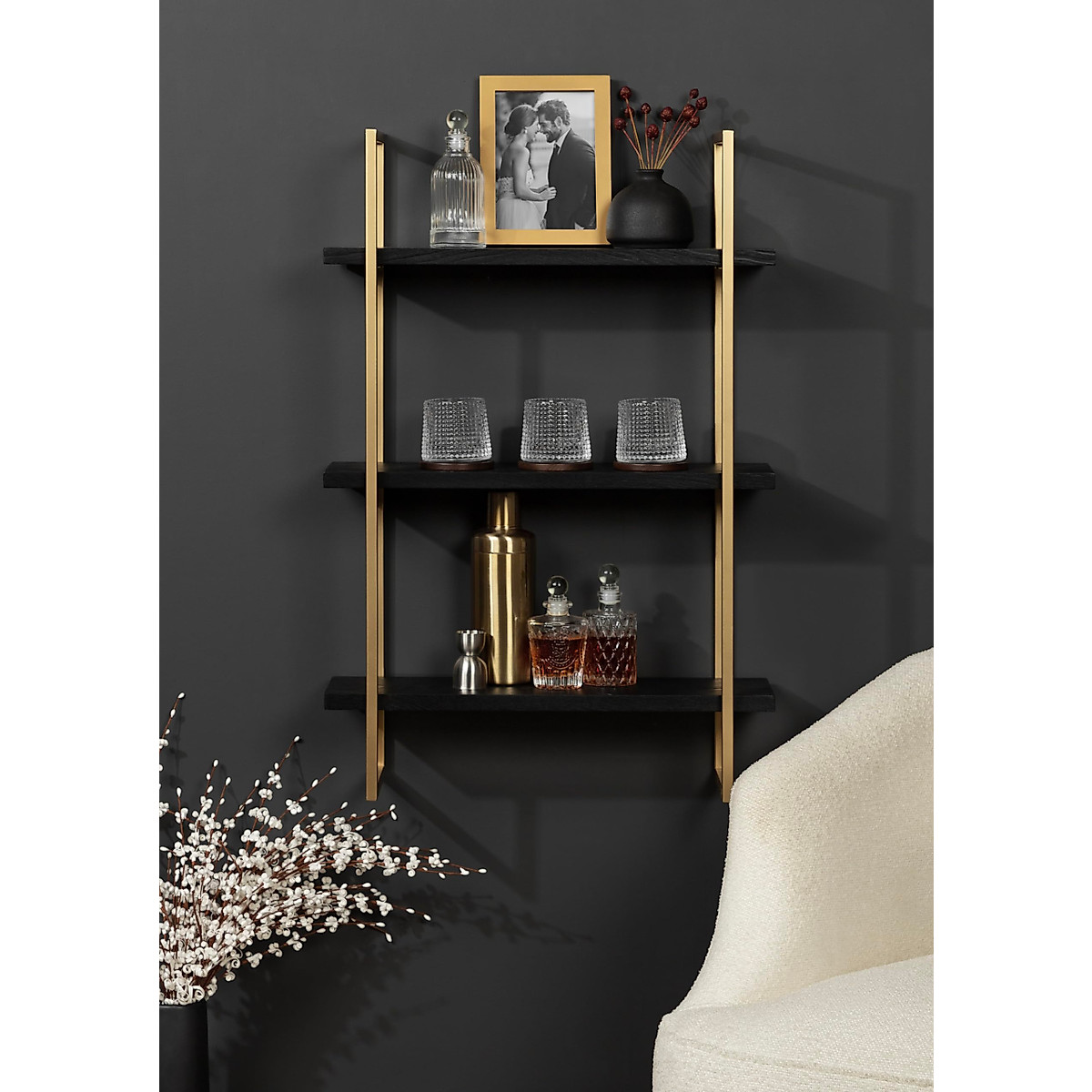 Kate and Laurel Leigh Modern 3 Tier Wall Shelf, 20 x 7 x 30, Black and Gold, Decorative Contemporary Glam Multi-Tiered Shelf Wall Organizer for Storage and Display