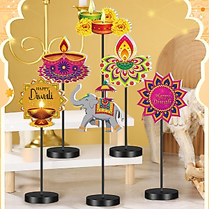 Wonderjune 6 Pcs Happy Diwali Wooden Table Topper Tall Standing Diwali Wood Table Decoration Happy Diwali Wooden Sign Porch Tabletop Decor Detachable Centerpiece Party Supplies (Multicolor,India)