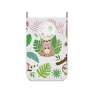 Hanging Laundry Hamper Bag Funny Sloth Tropical Laundry Bag Basket Clothes Storage Lightweight Door Hamper with 2 Types Hooks for Dirty Clothes
