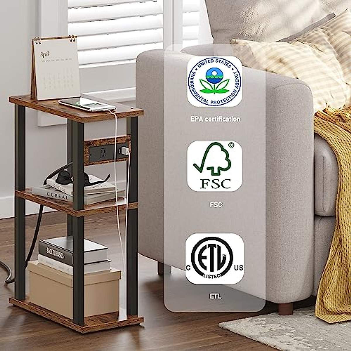 TUTOTAK Small Narrow Side Table with Charging Station, Set of 2 Skinny End Table for Small Spaces, Slim Nightstand with USB Ports and Outlet,Sofa Beside Table with Wheels, Brown TB01BB047