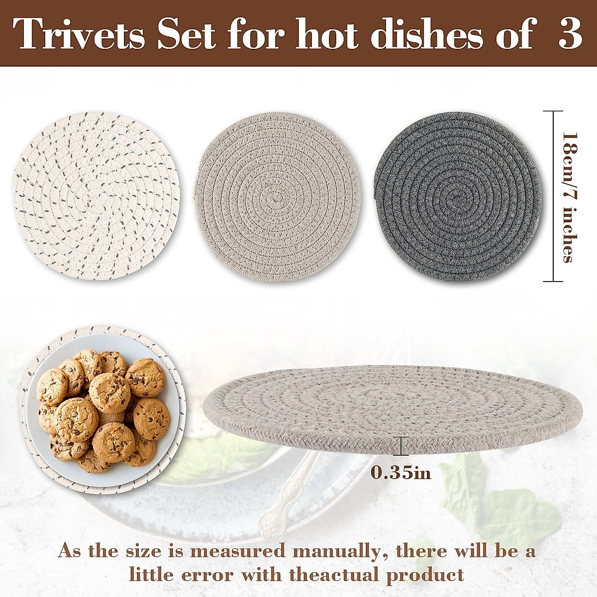 MAQIHAN Woven Trivets for Hot Dishes - 3 Pcs Hot Pot Pads for Table Large Trivets Set Kitchen Dish Plate Dinner Mat Modern Cotton Round Woven Trivet Placemats Pot Holders Protector for Bowls