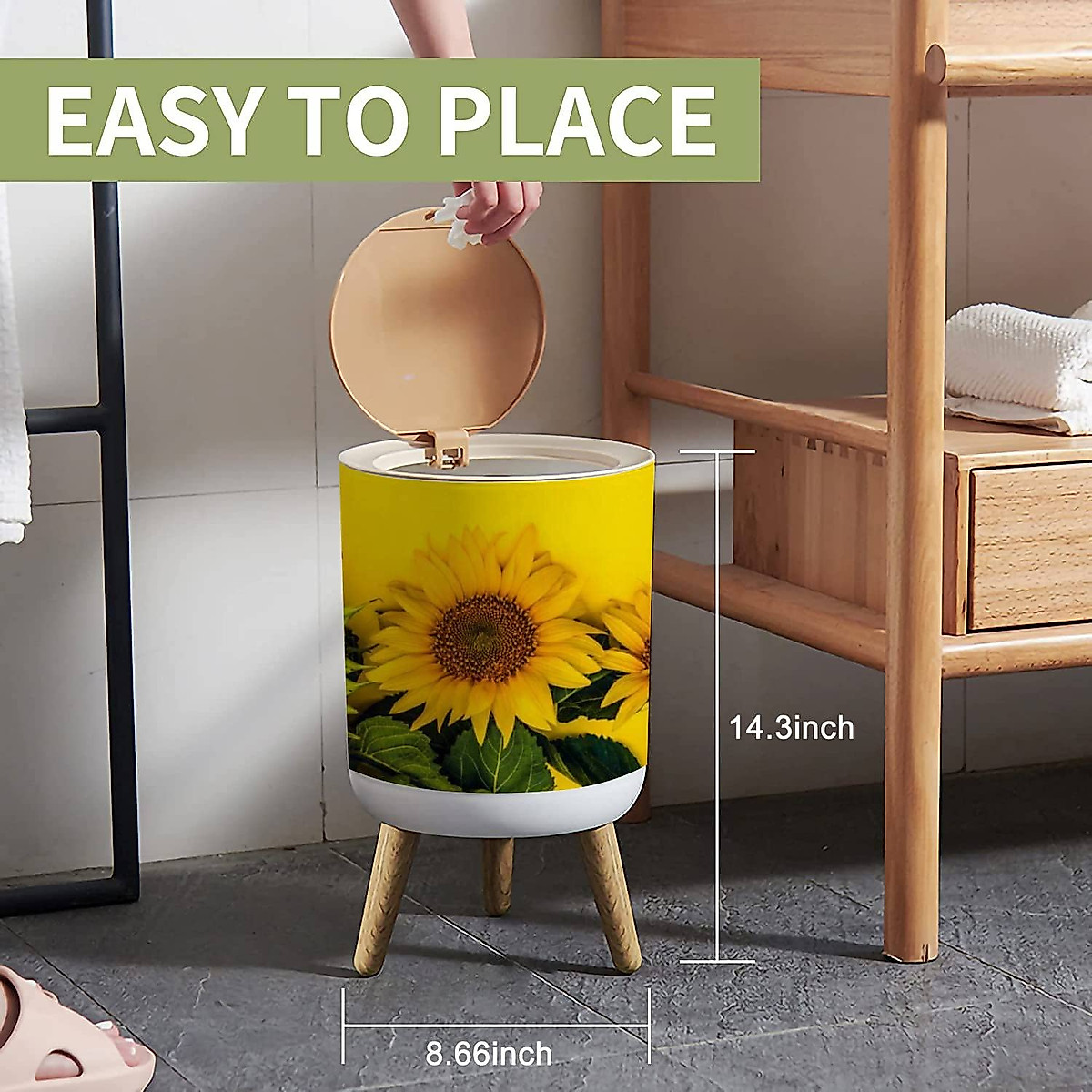 LGCZNWDFHTZ Small Trash Can with Lid for Bathroom Kitchen Office Diaper Yellow Sunflowers Yellow Bedroom Garbage Trash Bin Dog Proof Waste Basket Cute Decorative