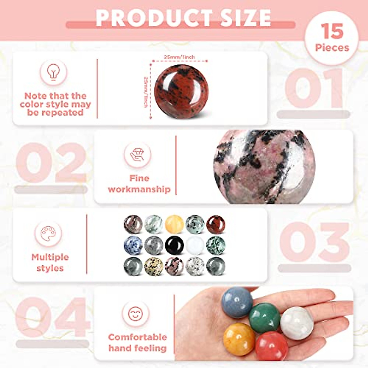 Nuenen 15 Pcs Gemstone Sphere Balls Crystals Bulk 1 Inch Polished Crystal Sphere Bulk Multi-Style Witch Ball Stones Gemstones Sphere Pocket Palm Crystals for Wicthcraft Meditation Reiki Balancing