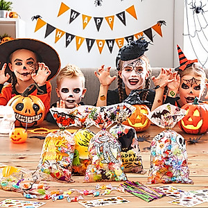 Halloween Candy Bags Treats Bags, 200 PCS Halloween Cellophane Bags for Kids Treat or Trick Party Supplies, 8 Styles Halloween Goodies Bags Gift Bags with Tattoo Stickers for Halloween Party Favors