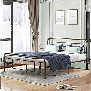 Mjkone California King Spindle Design Metal Bed Frame, Bed Frame with Headboard and Footboard, No Box Spring Needed Platform Bed Frame with Underbed Storage for Bedroom (Coffee)