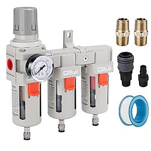 NANPU Three Stage Air Drying System - 5 Micron Particulate Filter, 0.5＆0.01 Micron Coalescing Filters, Air Pressure Regulator Combo - 0-150 psi Gauge, Semi-Auto Drain, Metal Bracket（3/8" NPT）