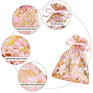 SumDirect Pink Drawstring Organza Bags - 100Pcs 4×5 Inches Pink Rose Sheer Jewelry Gift Bags, Small Mesh Candy Bags for Wedding Party Festival