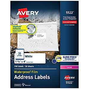 Avery Waterproof Printable Address Labels with Sure Feed, 1-1/3" x 4", White, 700 Blank Mailing Labels (5522)