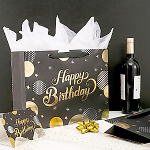 U'COVER 13" Black Happy Birthday Gift Bags Medium Size for Men Gold & Silver Foil Polka Dots Gift Bag with Handles for Father Husband with Card & Tissue Paper (Black & Golden)