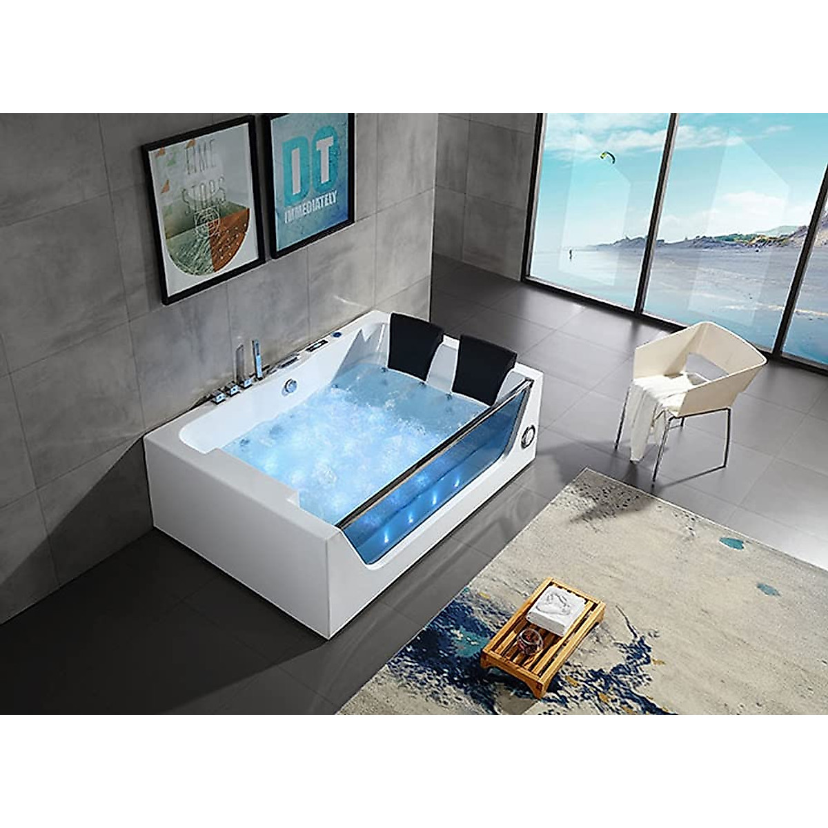 71" Acrylic Whirlpool Bathtub 2 Person, Alcove Soaking SPA Double Ended Tub Hydromassage Rectangular Water Jets with Computer Panel, Air Bubble, Light, UL Certified, White (Q411)