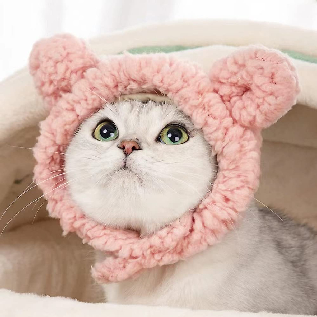 JOICEE Cute Cat Costume Warm Bear Hat for Cat Adjustable Soft Small Pet Headwear Bear Hat for Cat Puppy Dog (Pink)