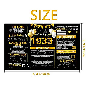 Crenics Black Gold 90th Birthday Decorations, Vintage Back in 1933 Birthday Backdrop Banner, Large 90 Years Old Birthday Anniversary Poster Photo Background Party Supplies for Women Men, 5.9 x 3.6 Ft