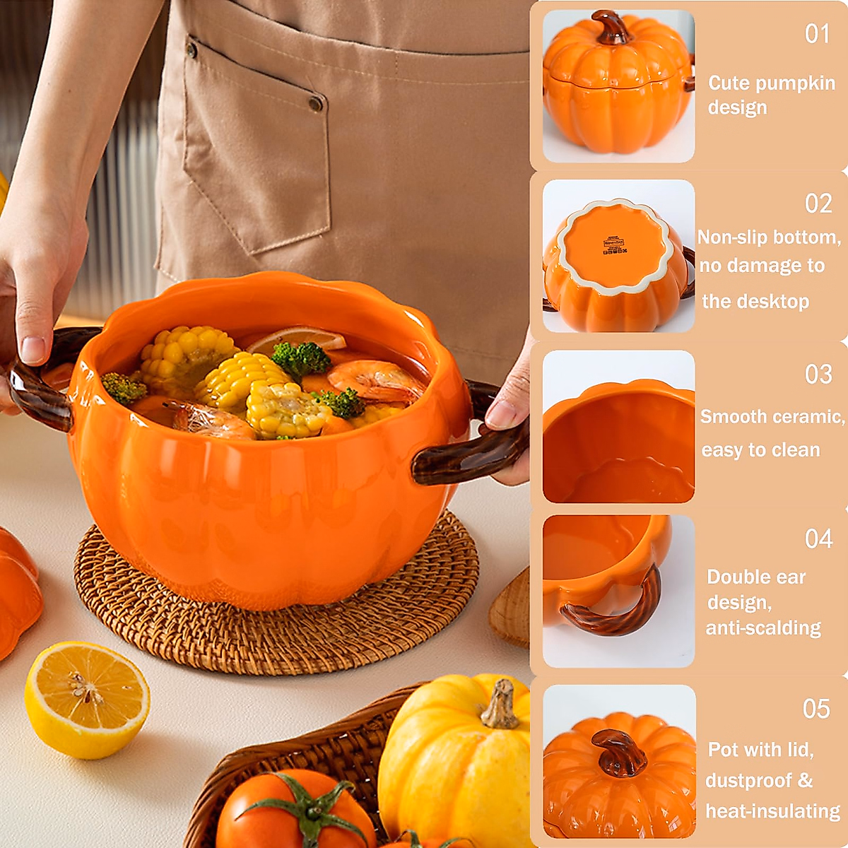 Dutch Oven Pot with Lid, 1.7 Quarts Cute Ceramic Pumpkin Bowl Mini Baking Dish, Dessert Saucepan with Double Handle, Covered Stockpot Pottery Casserole, Halloween Thanksgiving Decor (Orange)