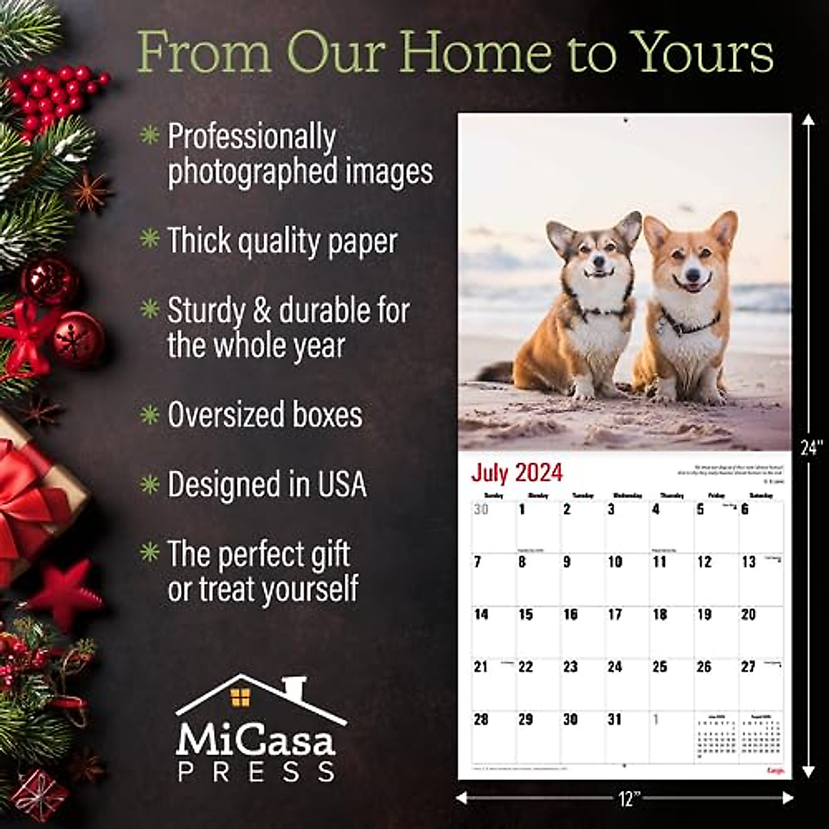 MICASA Corgis 2024 Wall Calendar 12 Month | 12" x 24" Open | Thick & Sturdy Paper | Giftable | Calendar 2024