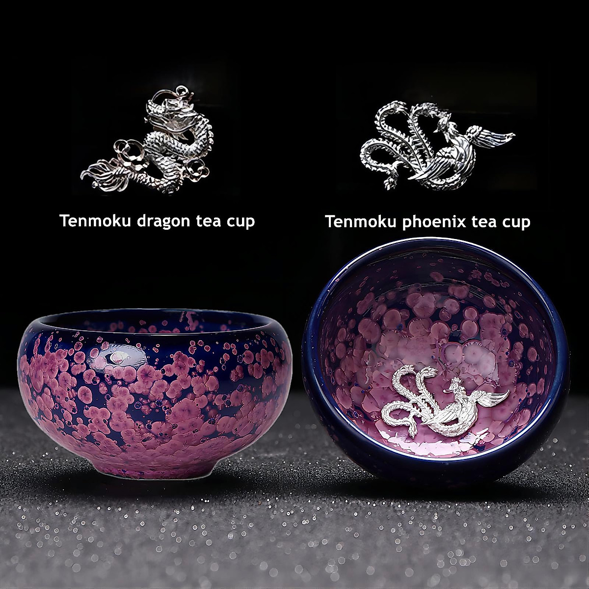 Dragon and Phoenix Tea Cups Set of 2, Handmade Jianzhan Tenmoku Tea Cup, Chinese Small Ceramic Kungfu Tea Cups (Purple)