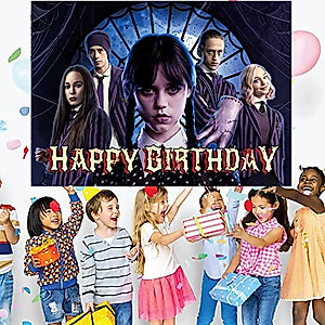 Wednesday Addams Birthday Party Supplies, Wednesday Movie Backdrop Tablecloth Kit 5x3ft Background Banner for Photography with 70” x 42” Tablecloth for Kids Birthday Gathering
