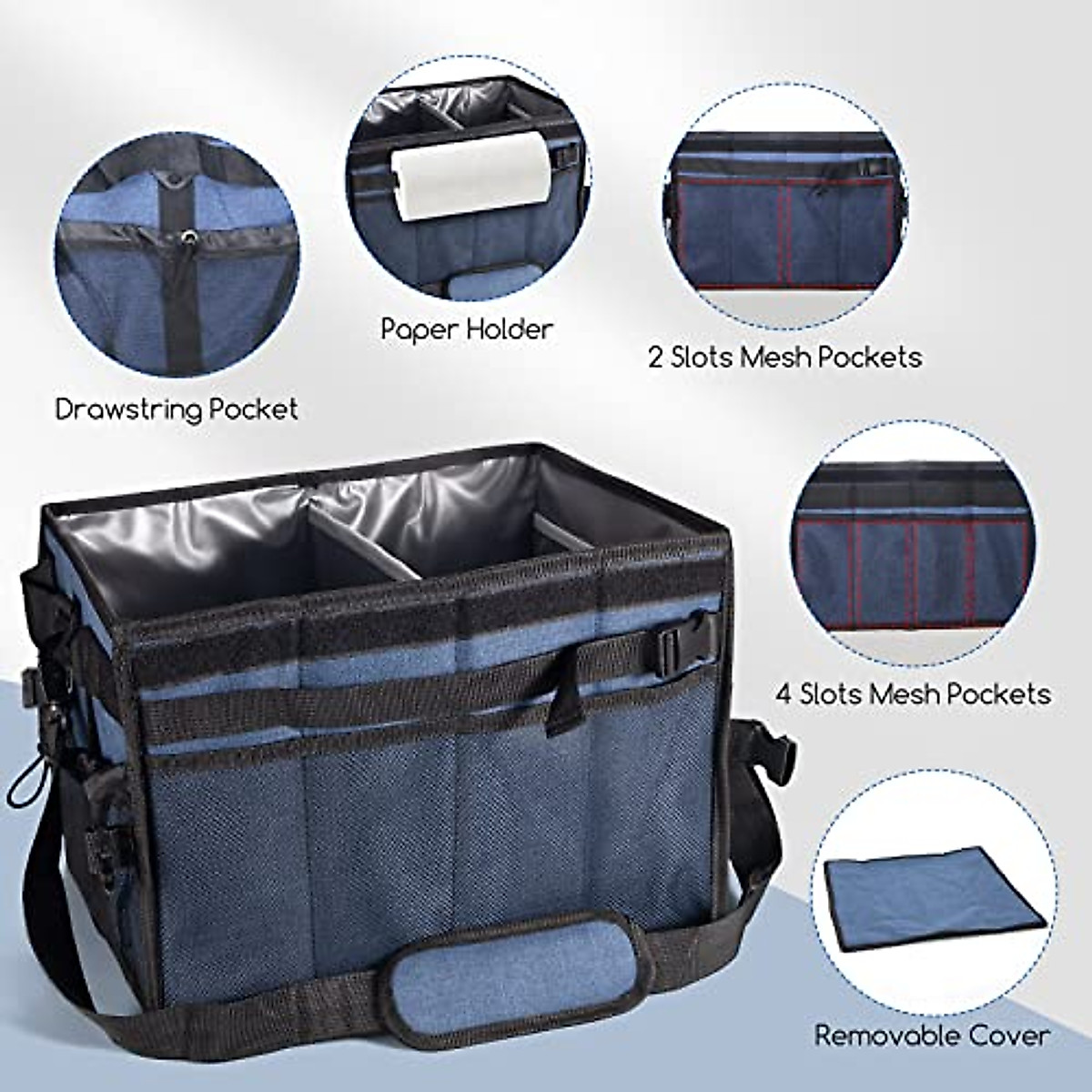 Picnic Caddy Collapsible Grill Caddy with Lid Portable Camping Accessories Large Picnic Basket Outdoor Caddy with Condiment Pocket Paper Towel Holder, Waterproof & Dirt-Resistant, High-Capacity, Blue